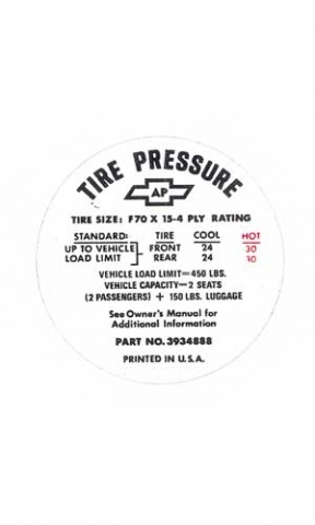 Corvette Decal Tire Pressure 68 72 ( #13557 ) | EC Products